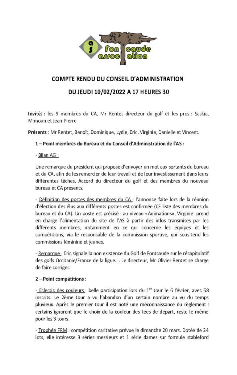Compte rendu du conseil d'administration 10 février 2022 - Association Sportive du Golf de ...