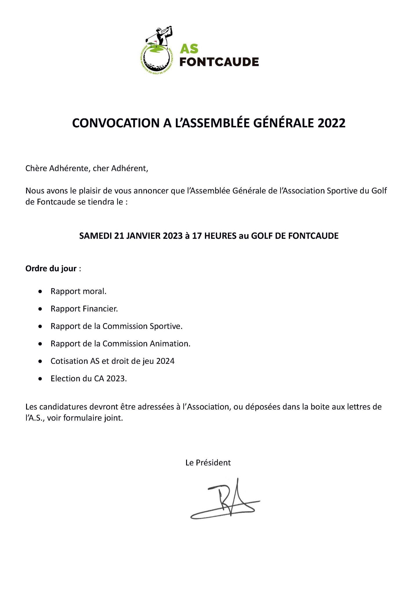 CONVOCATION À L’ASSEMBLÉE GÉNÉRALE 2022