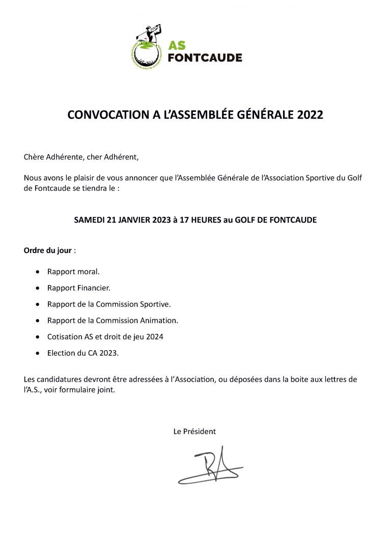 CONVOCATION À L’ASSEMBLÉE GÉNÉRALE 2022
